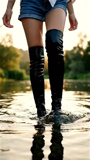 👢💦 AI Blonde Woman in High Heel Overknee Boots Walks Through a River | Boots in Water #highheels #ai