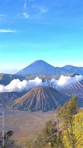 Mount Bromo Volcano with Smoking Crater and Mount Semeru in Background, East Java, Indonesia