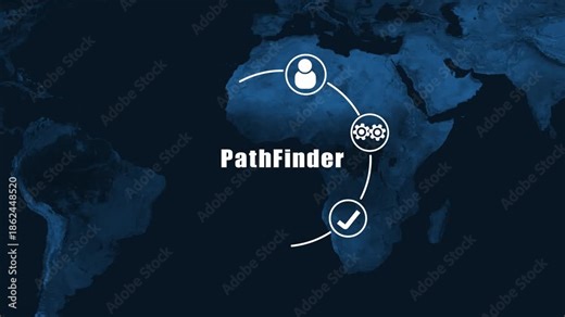 World map with Pathfinder text and icons showing a connection path Keywords: world map, pathfinder, connection, network, technology, global, travel, logistics, data, communication, africa, europe