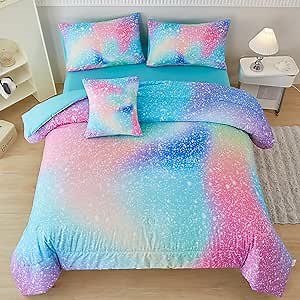 PERFEMET Full Size Comforter Sets for Kids Girls 6 Pieces Pink Green Ombre Rainbow Bedding Set Colorful Tie Dye Glitter Teen Girls Bed in A Bag