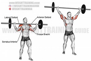 Standing wide-grip barbell overhead press exercise instructions and video