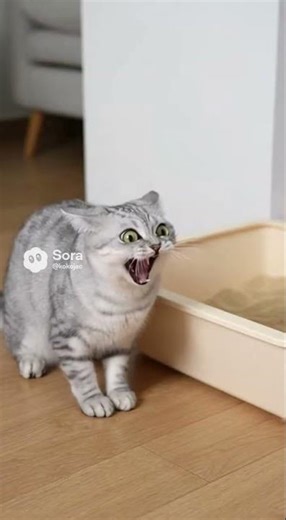 Cat Jumps Back in Fear After Noticing Poop in His Litter Box