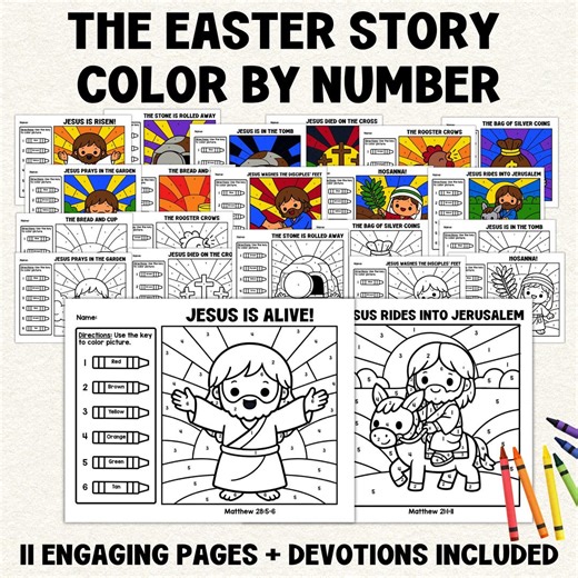 The Easter Story Color by Number Bible Activity, Holy Week Christian Easter Coloring Pages and Lessons, Sunday School Easter Activity Kids - Etsy
