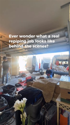 Repipe Plus | Home Repiping Services NV & CA on Instagram: "Ever wondered what repiping looks like before the new pipes go in? Here’s a real setup: tools out, garage prepped, wall access opened, work in full motion. More behind-the-scenes repipe videos coming soon. #repiping #plumbinglife #repipe"