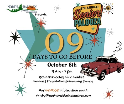 🎉Exciting news! We are 9 days away from our Senior Palooza event!🎉 Get ready for an amazing day filled with presentations, awesome giveaways, exciting demos, and fantastic vendors. You won't want to miss out on all the fun and valuable information! Mark your calendars and invite your friends! 🌟 #SeniorPalooza #CountdownToFun #CommunityEvent #Giveaways #Demos #Vendors | North Baldwin Chamber of Commerce