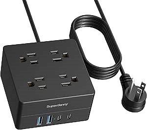 5ft Power Strip, SUPERDANNY Surge Protector 900 Joules, 4-Outlet 4-USB Extension Cord, Overload Switch, Grounded, Mountable, Desktop Charging Station for Home, Office, School, Dorm, Computer, Black