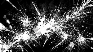 Abstract black and white splatter art with dynamic paint bursts on a dark background.