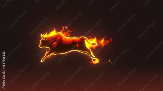 Pixelated fiery bull running with flames trailing behind. Represents power, energy, and dynamic movement in digital art