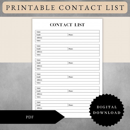 Business / Work Contacts Printable & Fillable Template PDF, Instant Download - Etsy