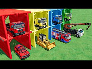 GARAGE with COLORS - TRANSPORTING POLICE CARS , CRANE , FIRE TRUCK , LOADER | FS22