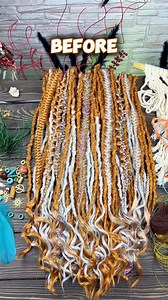 ✨ Amber Glitter – Ginger & Silver Dreadlock Extensions with Sparkle! ✨ Before and After – we wish it were that easy! In reality – hours of handwork, bumpy-textured crochet dreads with Lux Ends, dozens of ginger, amber & silver color blends, sparkling glitter threads, careful placement, and endless patience. 🍂 Bright like summer, warm like fall – this set shines with ginger glow, autumn-spice vibes, and dazzling glitter. Main palette: Ginger • Amber • Light Silver color blend A perfect boho mix 