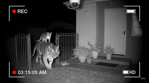 Prompt: A static infrared CCTV camera at night, mounted high on a corner of a house, overlooks the front yard of a modest house with an iron fence and a few potted plants. The footage is grainy black-and-white infrared, with a time code and a row of recording icons. Suddenly, a tiger and a cat standing on the tiger's back slowly walk into the yard through the open fence, their eyes glowing with infrared light. The tiger pauses for a moment, looks at the camera, then slowly continues their journe