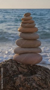 Concept of balance and harmony. Stack of stones pebbles cairn on the beach coast of the sea in the nature on sunset. Meditative art of stone stacking