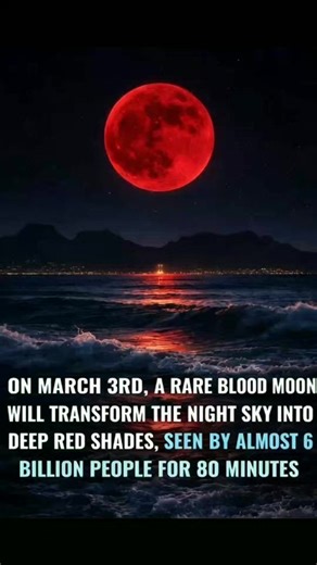 👉One special night, the whole world will be looking up at the same sky. 🌍✨ On March 3, a total lunar eclipse will turn the Moon a dramatic blood-red color as Earth moves directly between the Sun and the Moon. For nearly 80 minutes, the Moon will glow in a rich coppery shade, creating a scene that feels almost unreal. This beautiful “Blood Moon” happens because sunlight passes through Earth’s atmosphere. The atmosphere filters out most of the blue light and bends the red and orange light toward