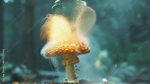 Mushroom in a forest releasing a cloud of spores, depicted with a mystical touch that highlights the natural cycle of life. Biological process of mushroom reproduction in the forest