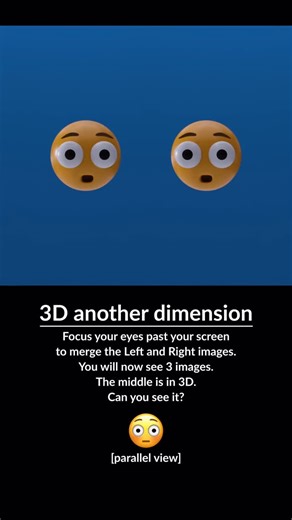 3D another dimension Focus your eyes past your screen to merge the Left and Right images. You will now see 3 images. The middle is in 3D. Can you see it? 😳 [parallel view] | Ben Greenberg