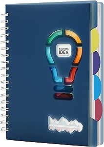 CAGIE Large 5 Subject Notebook with Colored Tabs Dividers 10" x 7.8", Unique Transparent Cutout Cover Spiral Bound Journal Notebook for Work, 210 Pages Wide Ruled Business Notebook for Women, Dark Blue