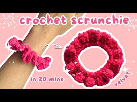 How to crochet a scrunchie in 20 minutes- no glue/ no sewing - velvet scunchie