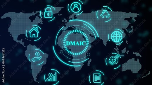 DMAIC methodology for Six Sigma projects with a digital world map, global network, and icons for process improvement.4k video