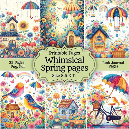 Whimsical Spring Junk Journal Pages | Cottagecore Rainbow Printables Papers With Spring Birds Flowers & Umbrellas, Digital Download - Etsy