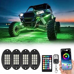 4Pods Aluminum RGBW LED Rock Lights Kit for ATV UTV 4 Wheeler Can-Am SXS RZR Side by Side Offroad Golf Cart with APP/RF Remote,Multicolor Metal Case Waterproof Bright Underglow Underbody Light 12V