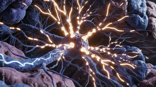Cortical neurons responding to incoming pain signals, their dendrites lighting in branching sequences. Synaptic zones glow with controlled flickers, showing complex integration