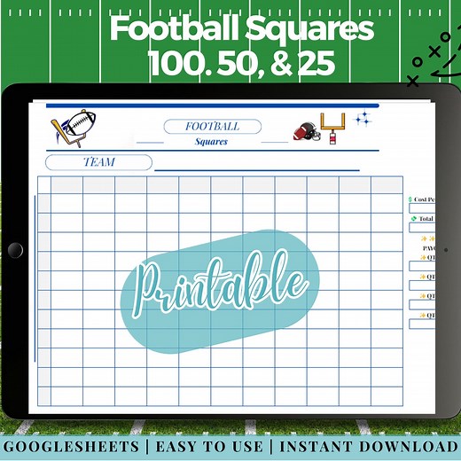 Printable Football Pool Template: 100, 50, 25 Squares (digital Download) - Etsy