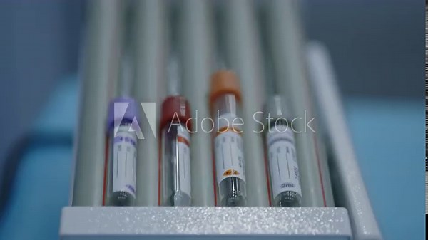 Medical blood test tubes in various colors organized in a laboratory rack. Chemical and medical research. Laboratory test. Medical equipment. Health care
