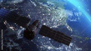 Concept Data. Meteorology space navigation satellite monitoring weather of planet orbiting above earth. Telecommunication spaceship floating in unaverse, shuttle into atmosphere. 3d render animations