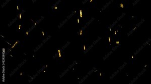 Seamlessly loop 3d video. Gold confetti falls from the sky. Glittering confetti on a transparent background. Holiday, birthday.