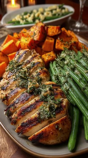 Juicy Grilled Chicken with Roasted Sweet Potatoes & Garlic Green Beans with Herb Butter 🍗🥔 Ingredients: - 2 boneless skinless chicken breasts - 2 tablespoons olive oil - 1 teaspoon paprika - 1 teaspoon garlic powder - 1 teaspoon dried thyme - 1/2 teaspoon salt - 1/2 teaspoon black pepper - 2 large sweet potatoes, peeled and cubed - 1 pound green beans, trimmed - 2 tablespoons unsalted butter - 2 cloves garlic, minced - 1 tablespoon fresh parsley, chopped Steps: 1. Preheat your grill to medium-