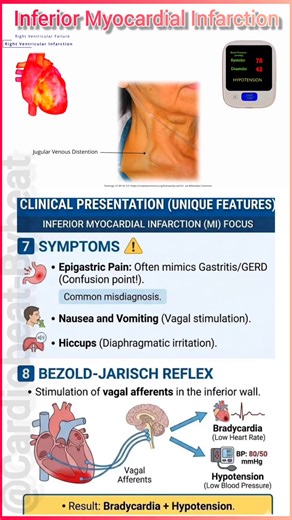 Inferior Myocardial Infarction ST-elevation in leads II, III, aVF signals an inferior MI, most commonly from RCA occlusion. Vigilance for RV infarction (hypotension, elevated JVP) is critical. First-line management for hypotension is IV fluid resuscitation; avoid nitrates. Monitor for AV nodal blocks. #Cardiology #ACS #MI #ECG #RVinfarction #MedEd #CardioEd #ClinicalScience | Abdallah Othman