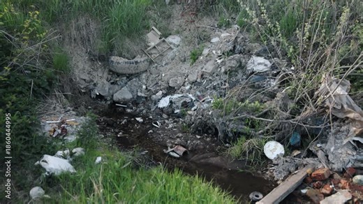 Polluted water, Waste disposal, Environmental impact. Littered pond and grasslands around it exemplify harmful effects pollution on both water-based and terrestrial ecosystems.
