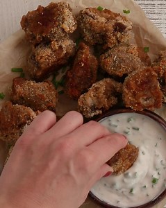 1.3K reactions · 590 shares | Need a great, healthy snack for gameday or any gathering? Try these crispy breaded mushrooms. They're baked instead of fried, making them secretly healthier, and pair perfectly with a chive sour cream dipping sauce, made from Forager Project's Dairy-Free sour cream. | Forager Project | Facebook