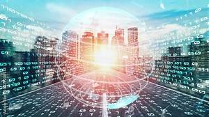 Smart transportation in tacit futuristic city with online traffic control system . Concept of smart digital transformation and technology disruption that changes global trends in new information era .