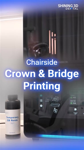🦷 From intraoral scan to chairside crown and bridge restorations: all within your clinic 🦷 ⚙️ With in-house 3D printing, your digital workflow goes beyond scanning, enabling efficient chairside fabrication with consistent results. Intelligent One-Click Printing ensures supports stay away from critical occlusal areas, helping maintain surface accuracy while keeping prints stable and easy to finish. 🎨 CB11, SHINING 3D Dental's self-developed resin, is designed for crown and bridge applications 