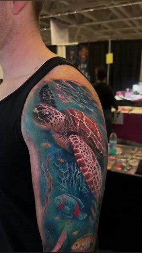 Incredible Sea Turtle completed by Massimo at the Cleveland Tattoo...