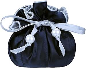 Marisa D'Amico Drawstring Premium Satin Jewelry Pouch with 8 Interior Pockets, Dark Blue + Silver