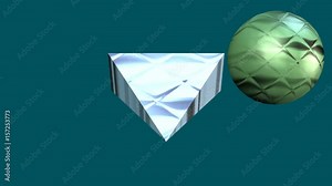 3d animated metallic logotype with flying sphere and rotating pyramid on dark green screen, elegant abstract intro animation