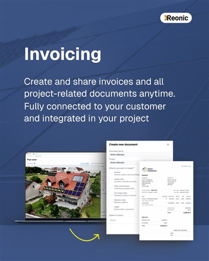 📝 Simplify your paperwork. Anytime. With Reonic Invoicing, you can create invoices, credit notes, offer confirmations, and other documents for your projects. Share documents directly with your customers via PDF download or email, keeping everything professional and accurate. No manual retyping, no switching tools - everything stays linked to the project and customer in one place. ⚡️ Streamline your workflow, reduce errors, speed up communication, and focus on delivering great projects. #reonic 
