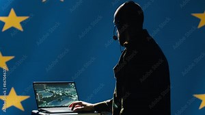 European Union alliance air defense early warning systems operator evaluating incoming enemy aerial attacks. EU counterintelligence division agent maintains air space superiority with radar, camera A