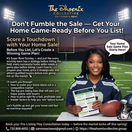 🏈 Don’t fumble your home sale, get game-ready before you list! 🏠 Like every winning team, successful home sellers need a solid game plan. I’ll coach you on pricing, prep, and strategy so you can score big when your home hits the market. Let’s huddle up and create your winning play today! Give me a call Carressa Walker | Realtor® eXp Realty 866.201.6210 ext. 513 732.808.4052 https://thephoenixcollective.group #RealEstateCoach #HomeSellingTips #SuperBowlSunday #WinningWithCarressa ThePhoenixColl