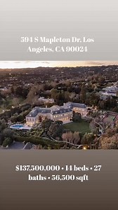 594 S Mapleton Dr, Los Angeles, CA 90024 • $137,500,000 • 14 beds • 27 baths • 56,500 sqft "The Manor" An unparalleled offering, an unrivaled setting, a showplace of the highest caliber. The Manor is undoubtedly one of the finest estates in the World. Majestically sited on 4.68 acres in the heart of Holmby Hills, The Manor offers complete privacy bordering the Los Angeles Country Club. Entirely clad in limestone and comprised of over 56,000sqft, The Manor offers every amenity imaginable. From bo