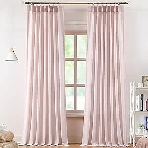Vision Home Soft Pink Pinch Pleated Semi Sheer Curtains Textured Linen Blended Light Filtering Window Curtains 120 inch for Living Room Bedroom Pinch Pleat Drapes with Hooks 10ft 2 Panels 40" Wx120 L
