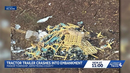 Tractor-trailer crashes nearly 40 feet over hillside in Armstrong County