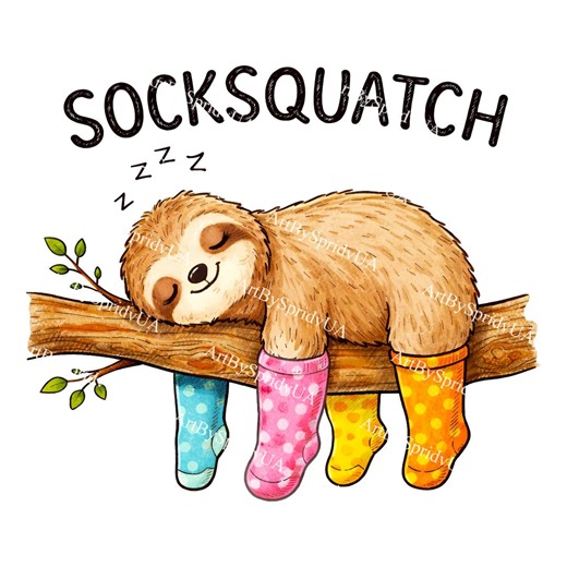 Socksquatch Sloth PNG Clipart | Funny Sleepy Sloth in Colorful Socks on Branch | Cute Woodland Pun Sublimation Design, Transparent PNG File - Etsy Australia