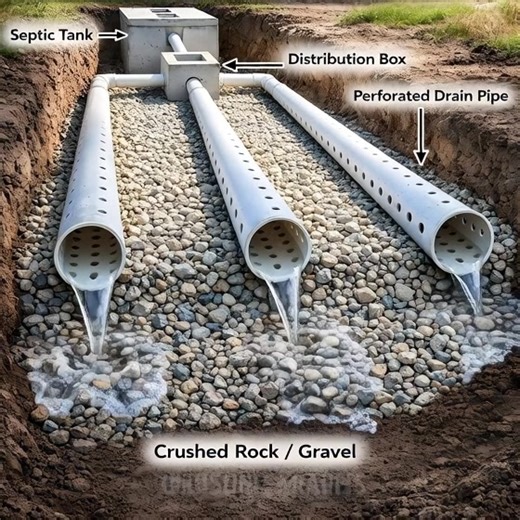 🛠️🚿 How a Septic Drain Field (Leach Field) Is Built – Step by Step This image shows a standard septic drain field system, where wastewater is safely dispersed into the soil after treatment. Below is a clear, practical explanation based directly on what you see in the image 👇 --- 🧱 Step-by-Step Construction Process 1️⃣ Septic Tank Installation The septic tank is installed underground and connected to the house sewer line. Inside the tank, solids settle at the bottom while liquids flow out tow