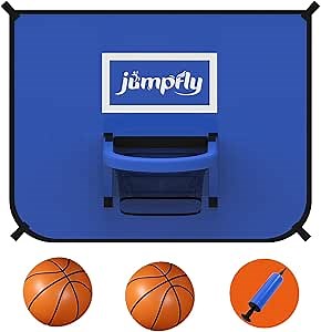 jumpfly Trampoline Basketball Hoop - Trampoline Basketball Hoop Attachment with Enclosure, 2 Mini Basketballs & 1 Pump - Soft Materials & Breakaway Rim for Safe Dunking