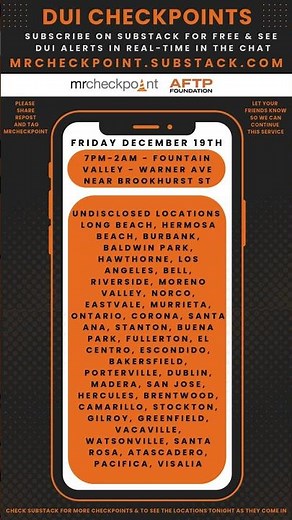 DUI Checkpoints Friday December 19th 2025