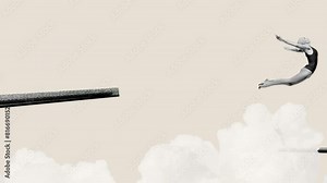 Stop motion. Modern animation. Young athlete woman jumping to pastel beige clouds symbolizing water. Concept of sport, competition, victory, championship, strength and power. Ad